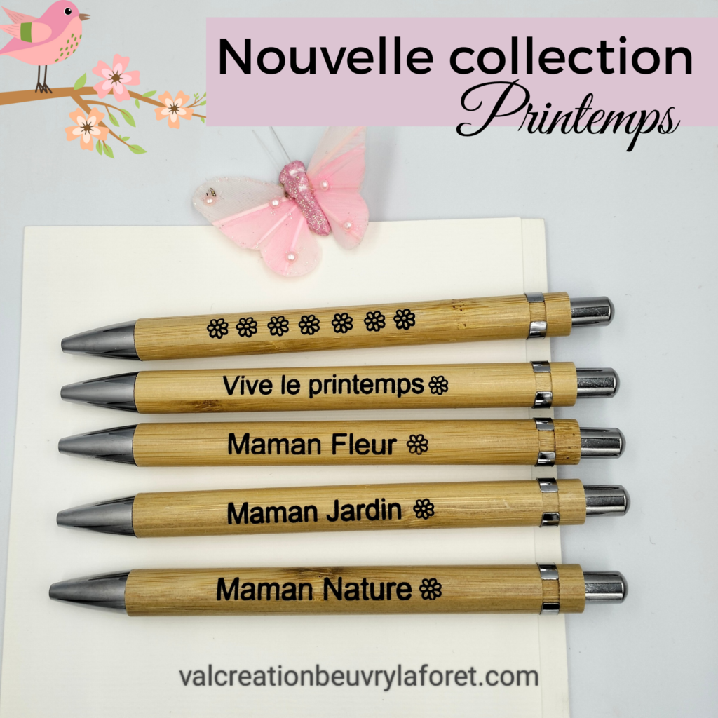 Stylo thème fleurs printemps texte gravure personnalisable